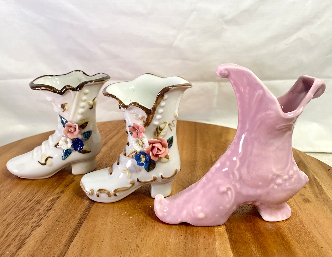 THREE Ceramic Shoe Boot Miniature Vases White W/ Raised Floral - Etsy
