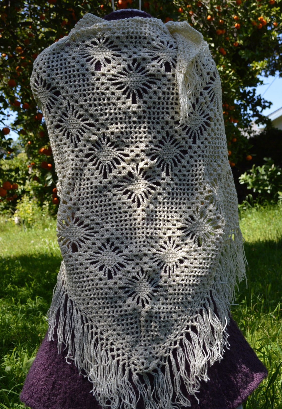 Angora Crocheted Hand Made Knitted off White Lurex Scarf Shawl Summer ...