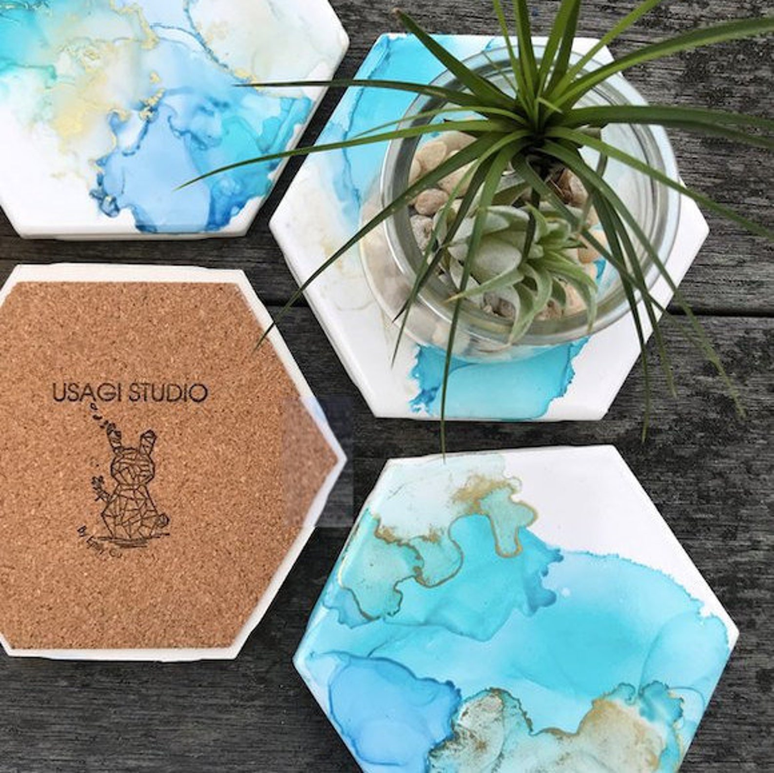 Handmade Alcohol Ink Hexagon Tile Coaster Sets Housewarming - Etsy