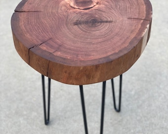 Cherry Wood Cookie Slab Live Edge End Table With Metal Hairpin Legs ...