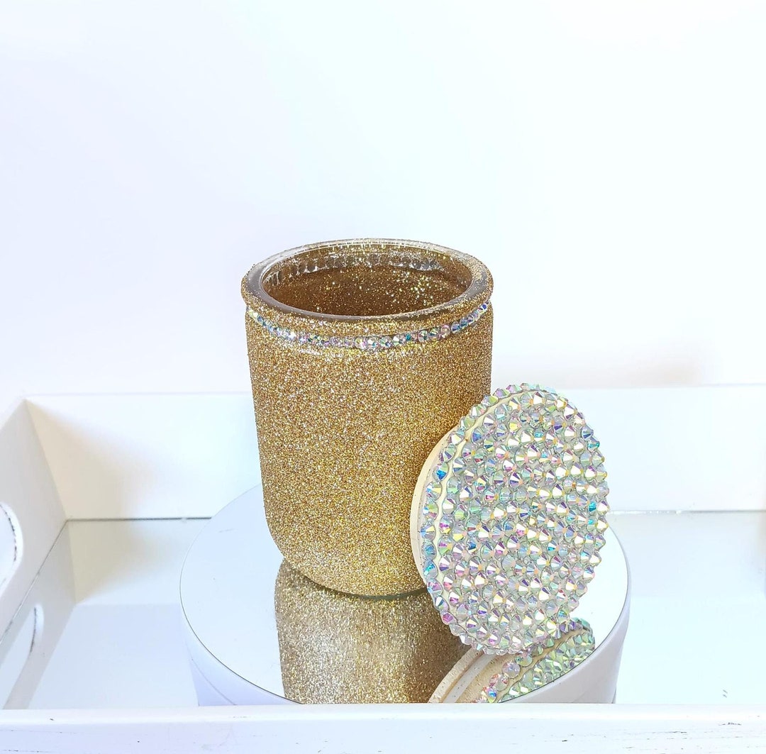 Gold Glitter & Iridescent Crystal Rhinestone Bling Bedazzled 8 Oz Glass ...