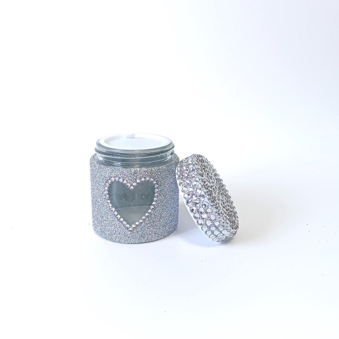Silver Glitter and Rhinestone Heart Bling Bedazzled 6oz Glass Jar ...