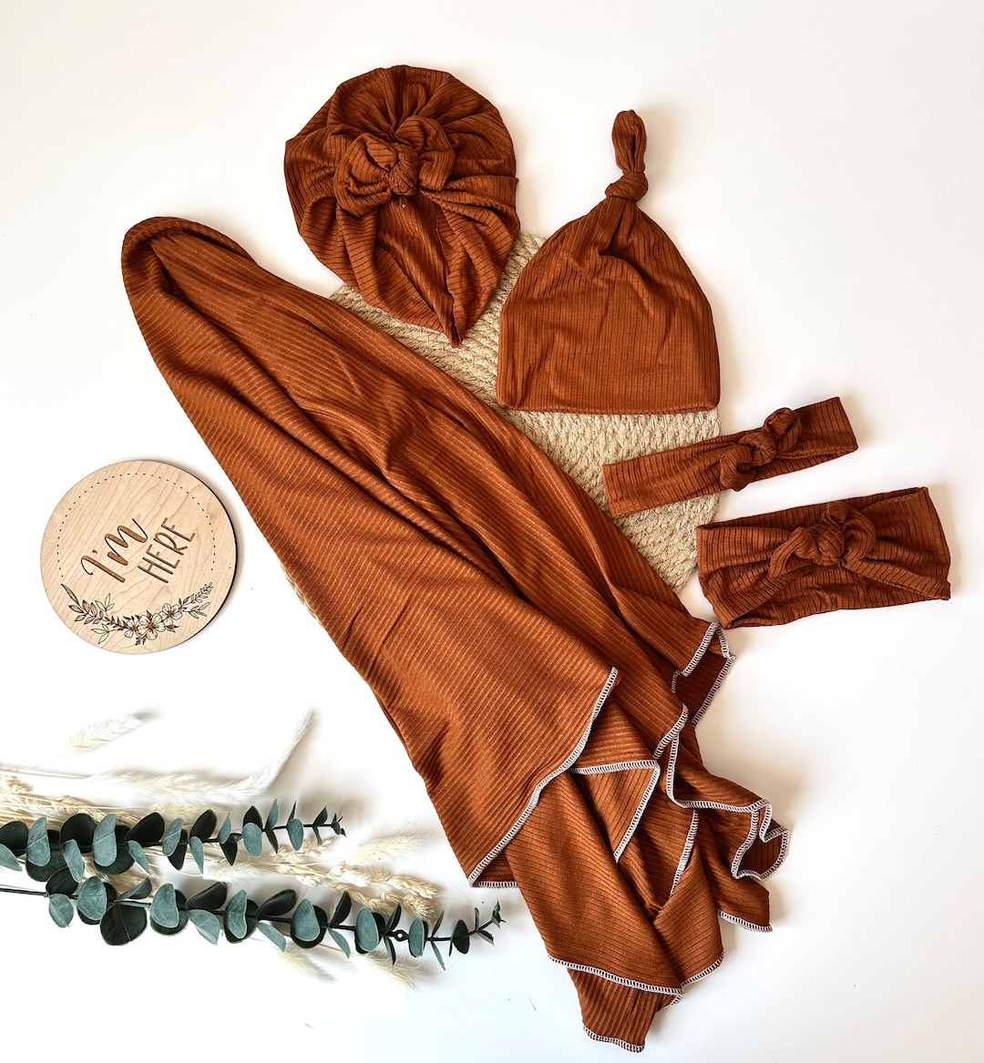 Luxury Swaddle Set in Burnt Orange Rib Knit + Bow Turban, Knot Hat ...