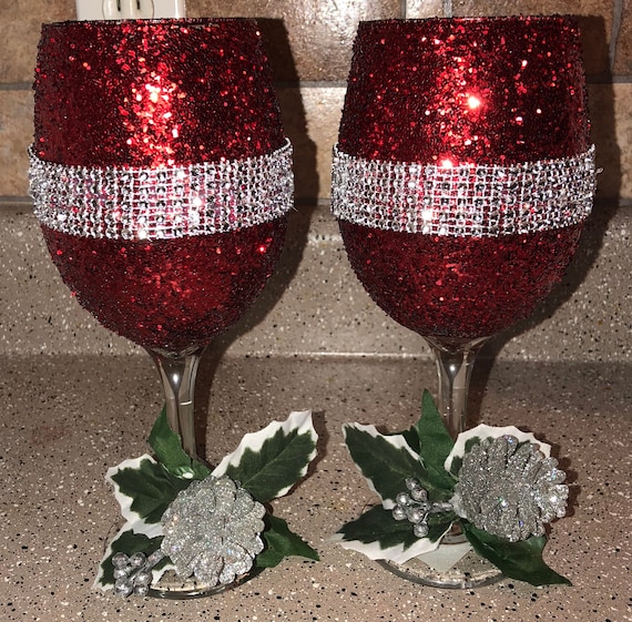 Handmade custom personalized Red Glitter Christmas Wine Glasses set of 2 Etsy UK