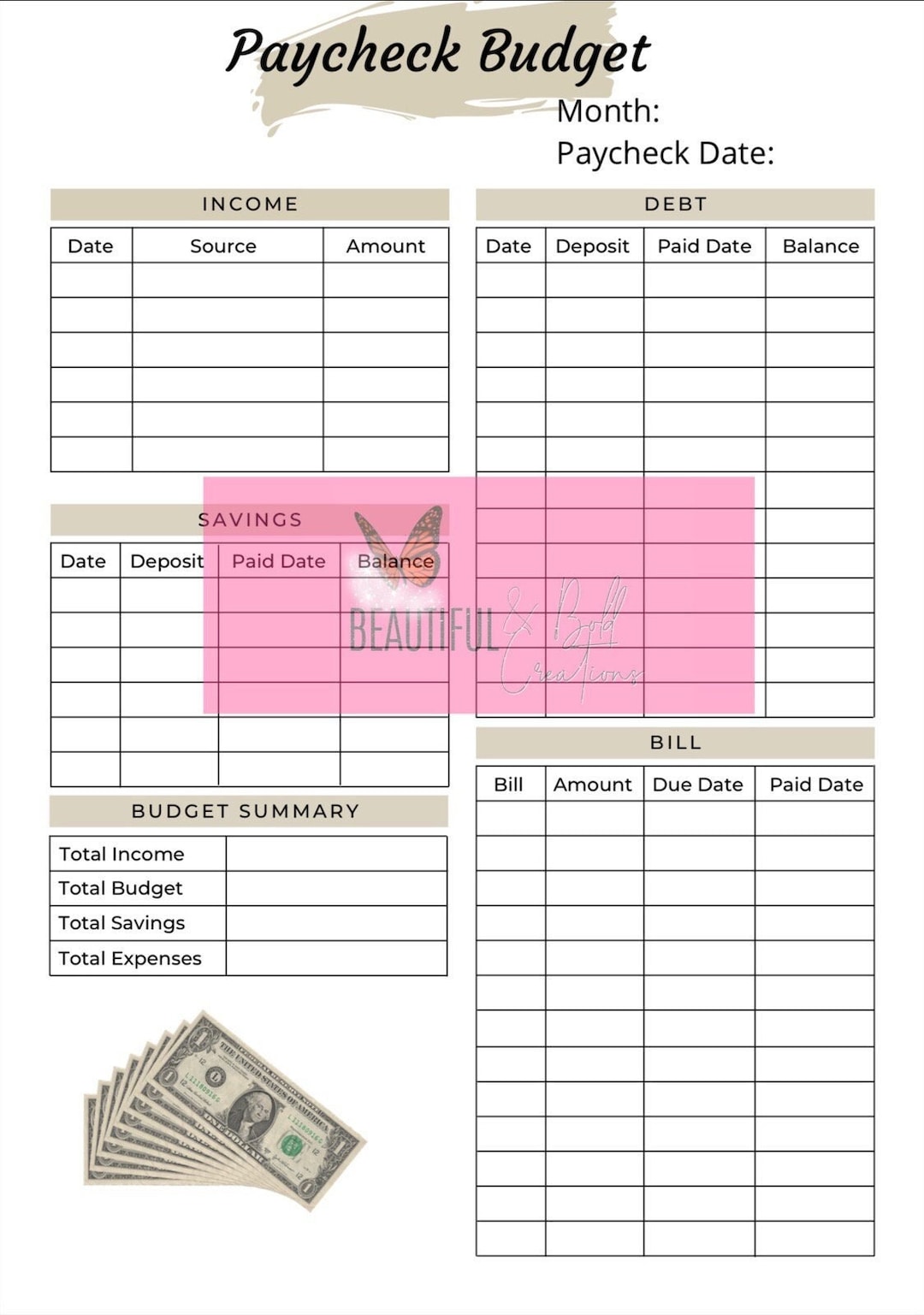 Printable Paycheck & Monthly Budget Planner, PDF, Instant Download - Etsy