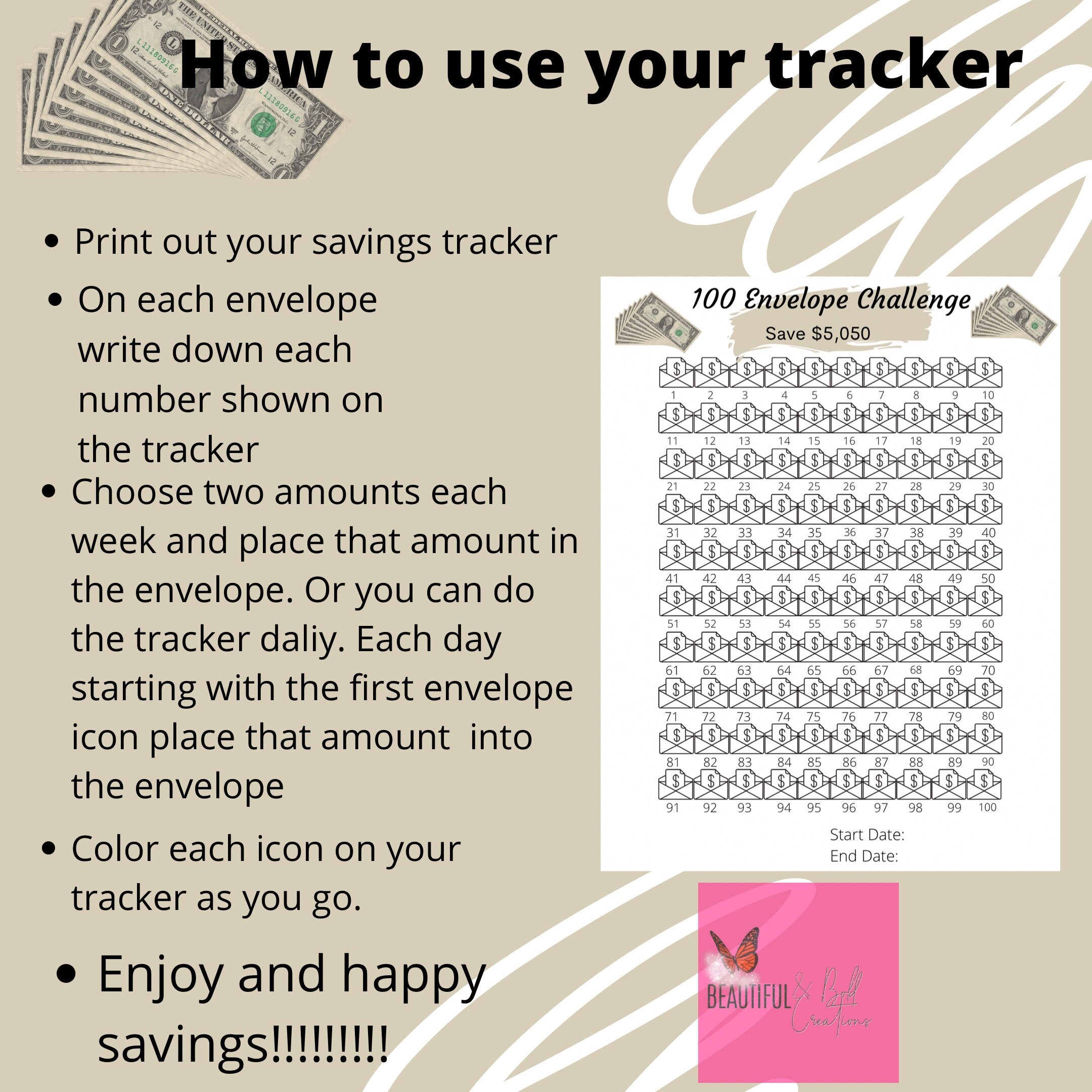 Printable 100 Envelope Challenge 5050 Tracker Savings - Etsy