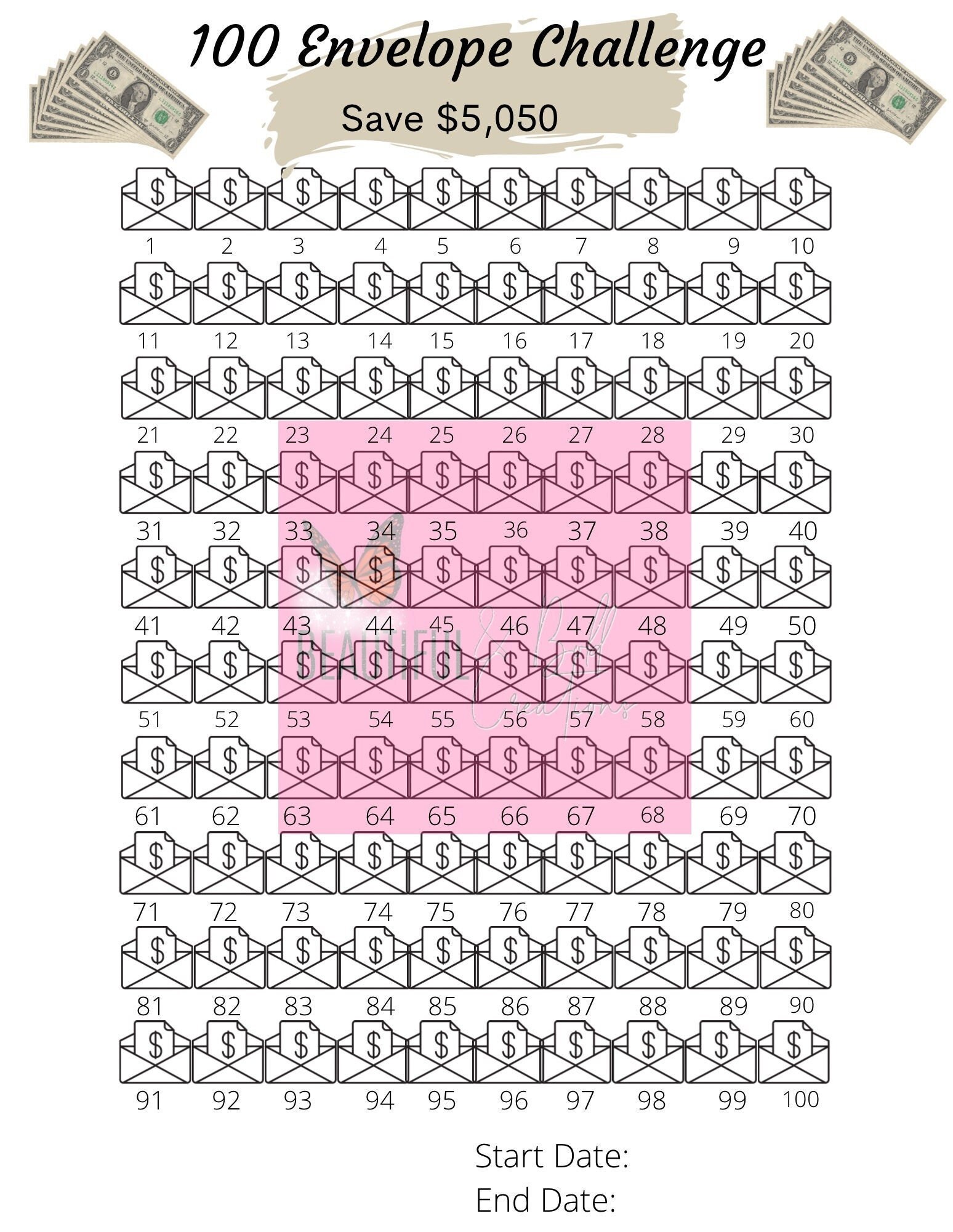 Printable 100 Envelope Challenge 5050 Tracker Savings - Etsy