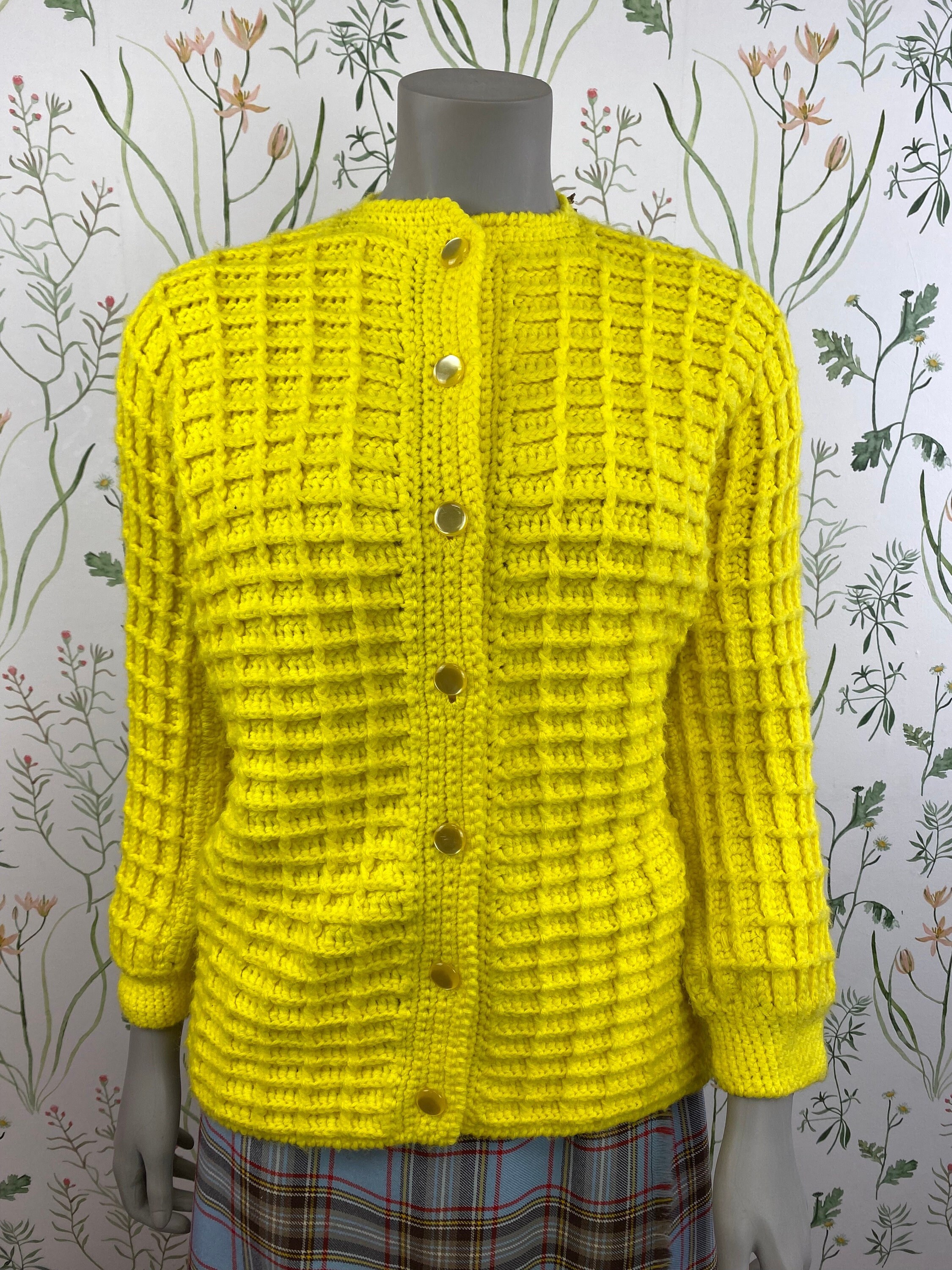 Vintage Wool Sweater / Yellow hand Knit Cardigain / Button Down Sweater ...