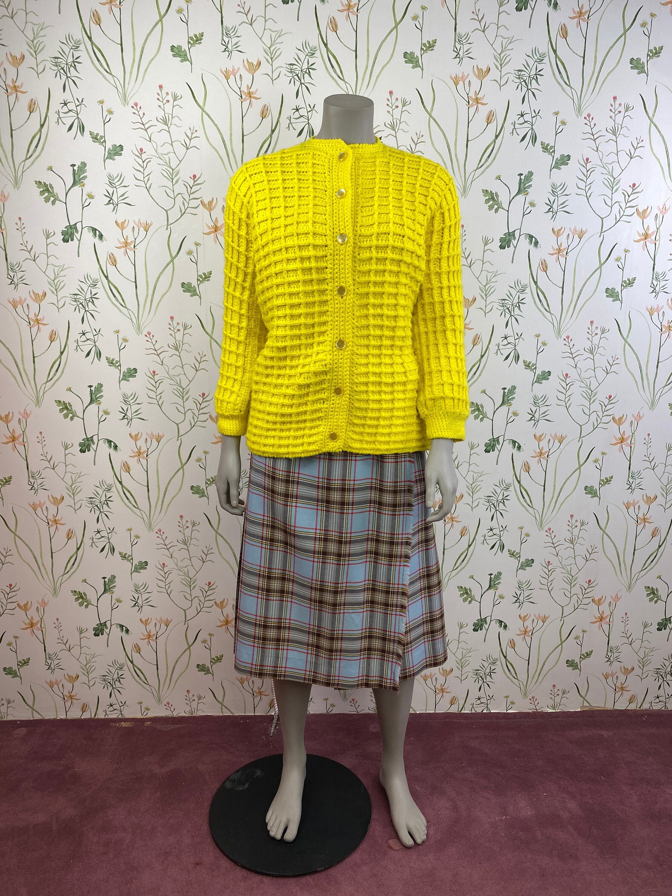 Vintage Wool Sweater / Yellow hand Knit Cardigain / Button Down Sweater ...
