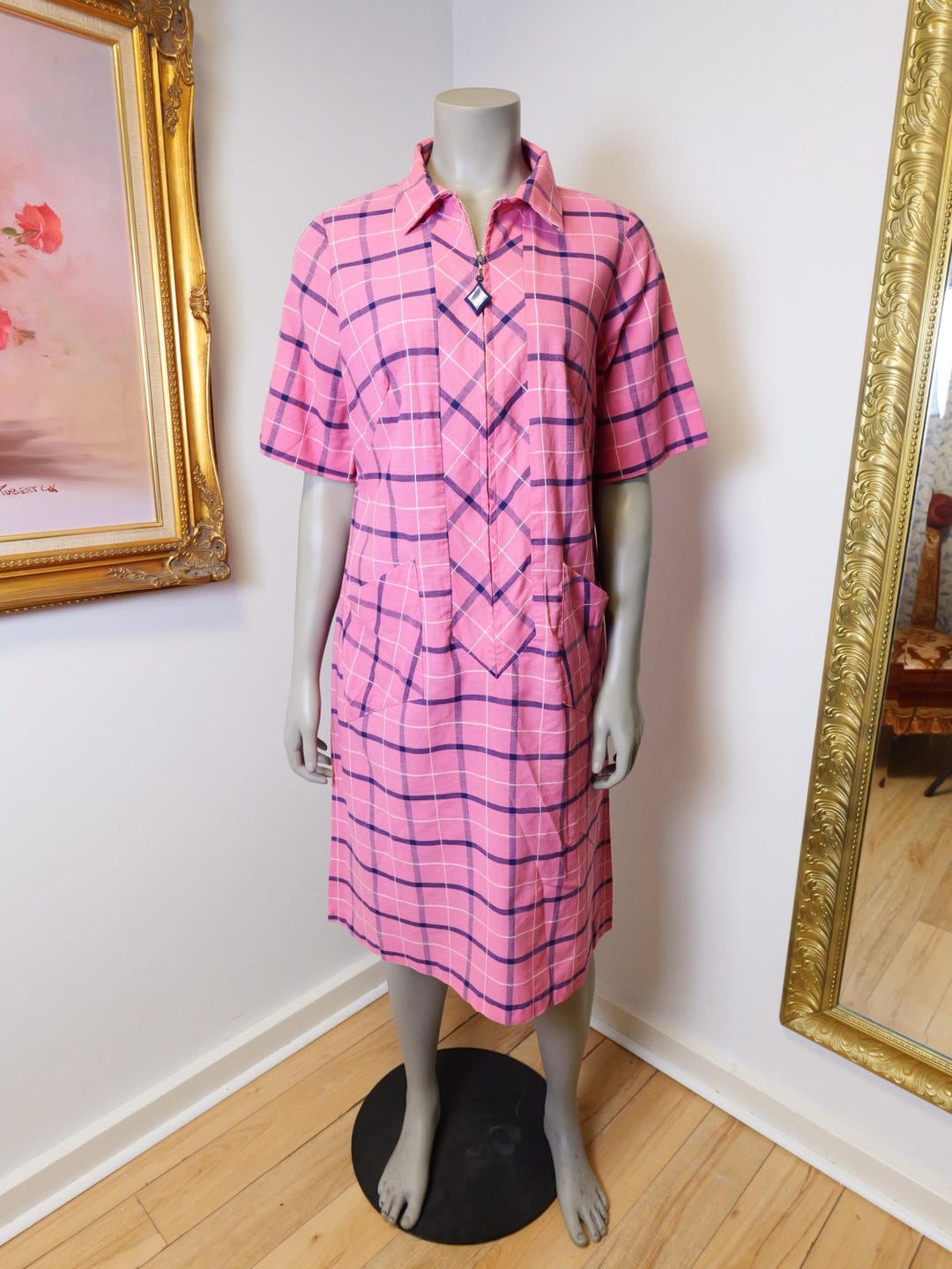 Vintage 1960s Plaid House Dress: Pink & Blue Retro Dress, Medium - Etsy