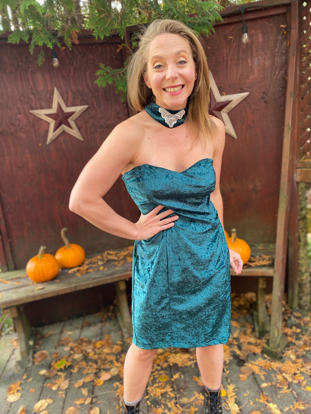 Women’s 1990’s Green Crushed Velvet Reverse Halter Party Dress ...