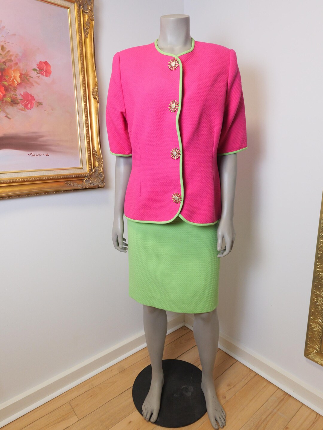 Vintage James Hogan Skirt Suit: 90s Pink & Green Daisy Blazer, Size 14 ...