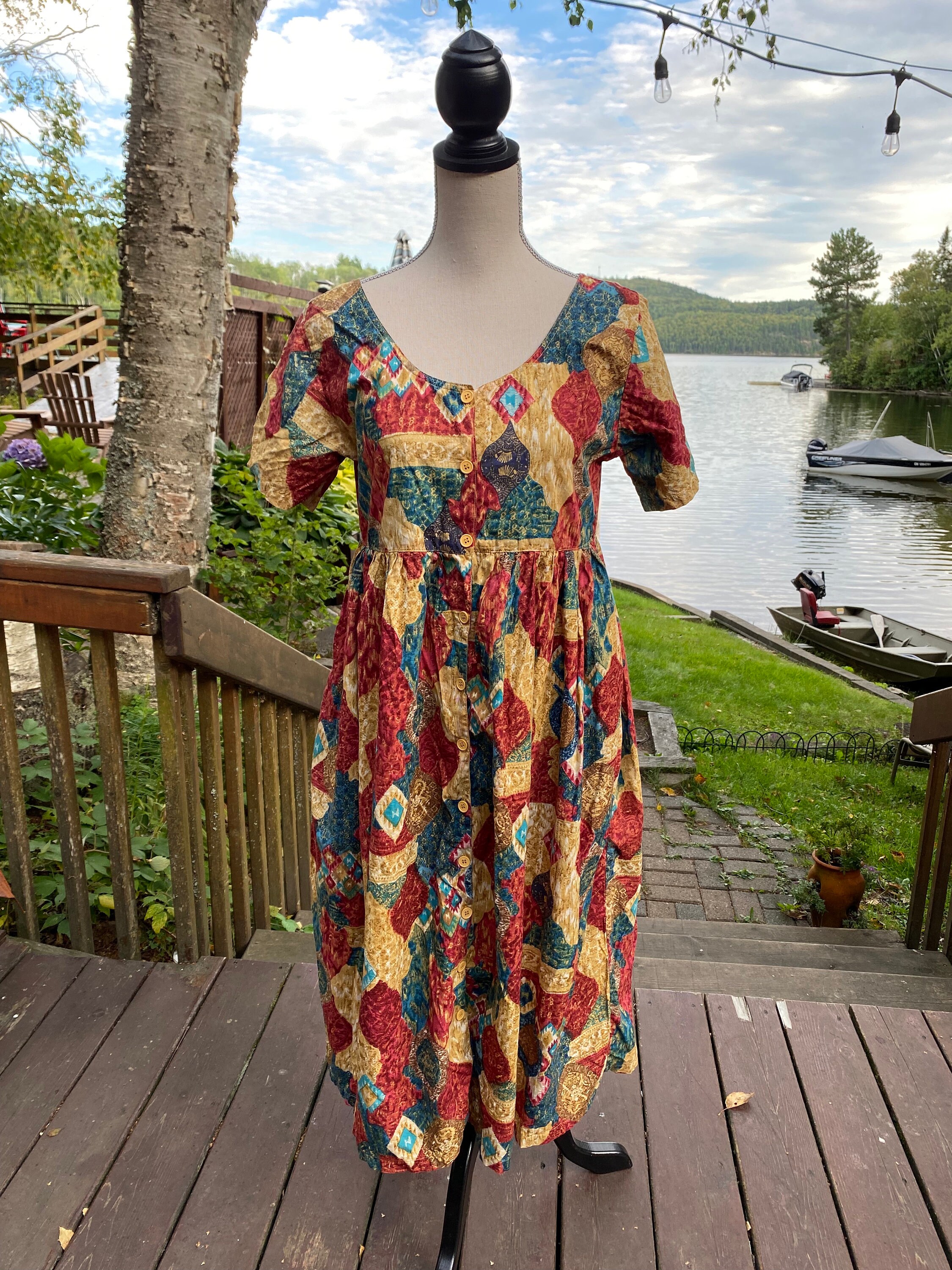 Womens Patchwork Pattern Dress With Pockets