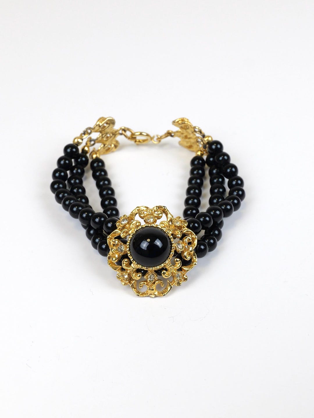 Vintage 80’s Black and Gold Beaded Three Strand Bracelet Glam Princess ...
