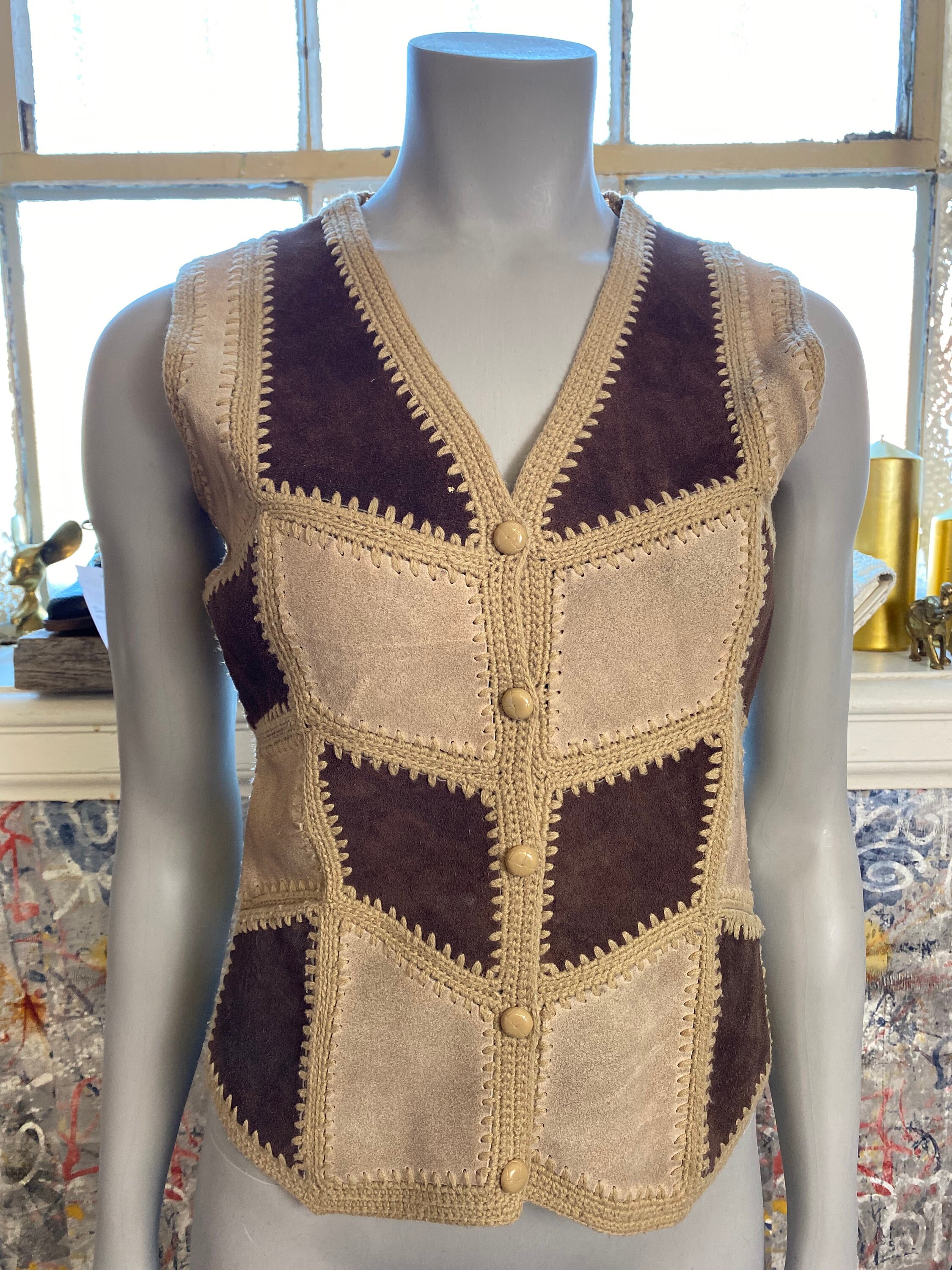 Vintage Suede Vest / 70's Hippie Womens Vest / Brown Vest / Womens Knit ...