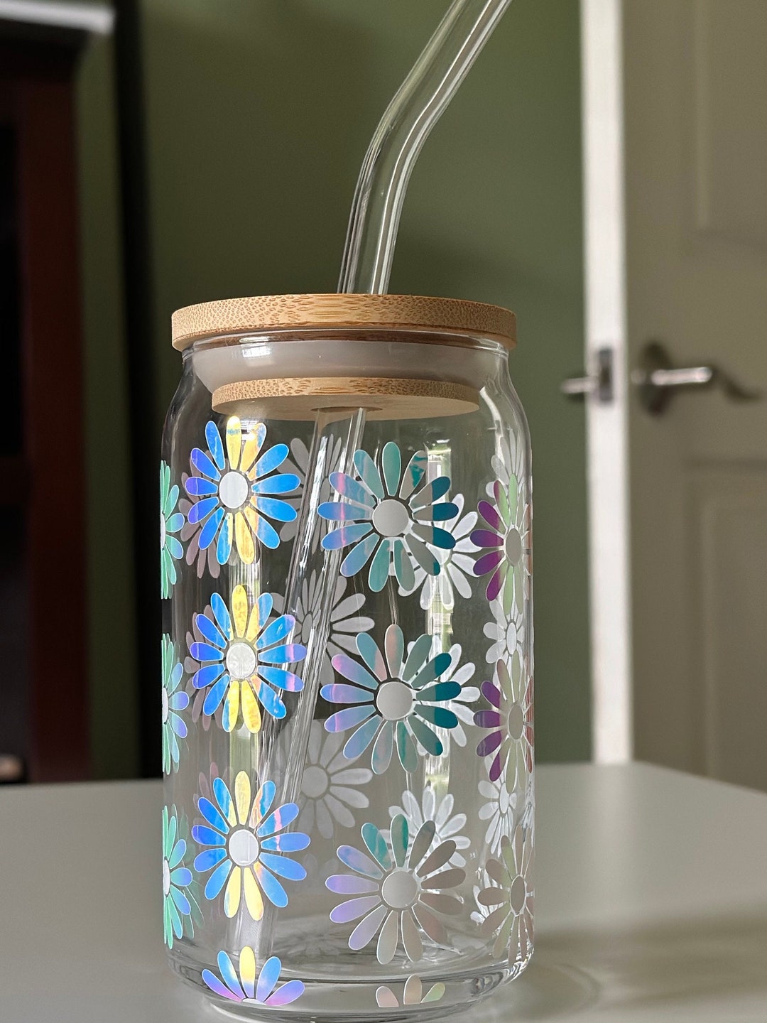 Daisy Holographic Print Libbey Glass Iced Coffee Cup Flower Print Cup ...
