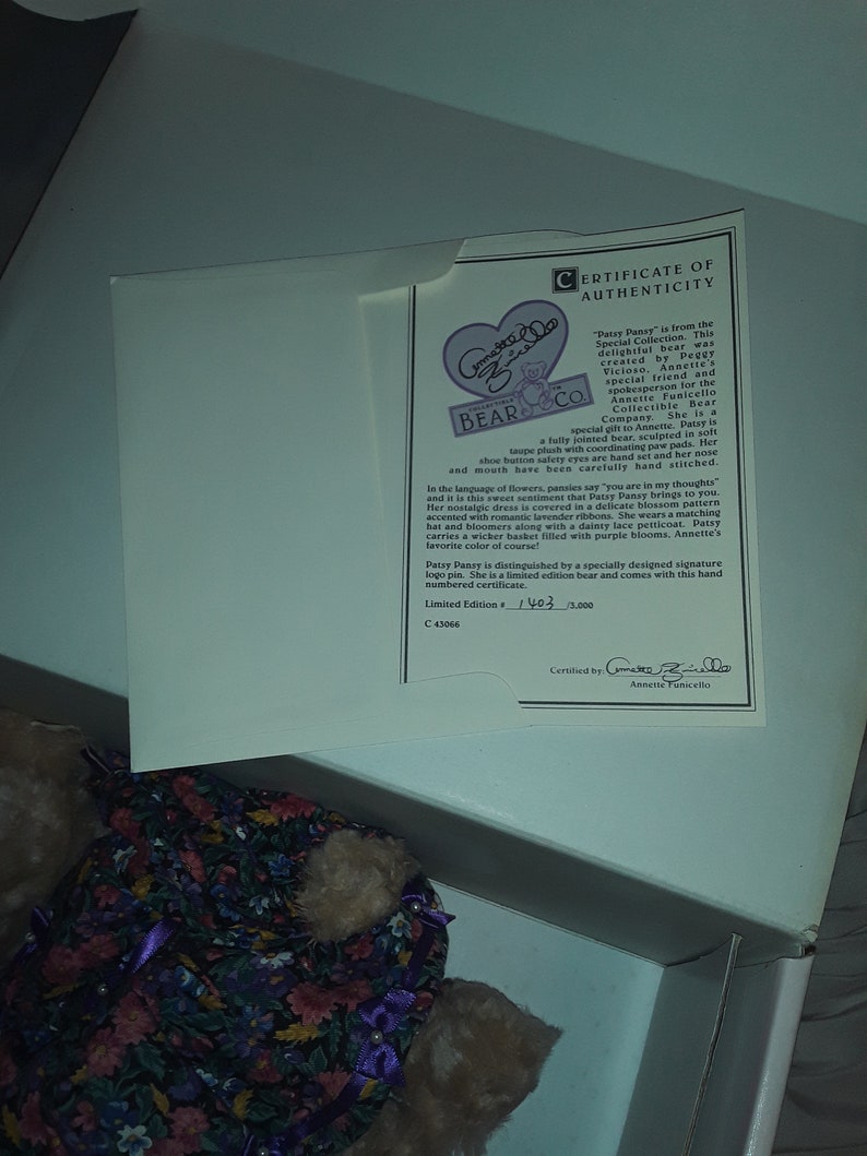 Annette Funicello Patsy Pansy Bear, Certificate of Authenticity - Etsy
