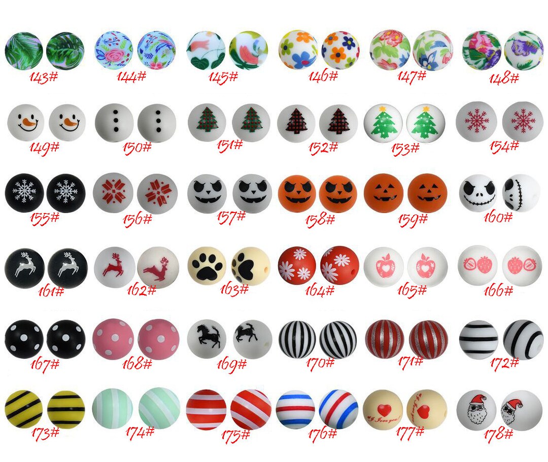 10 Count-15mm Printed Silicone Beads Snowman Pumpkin Christmas Trees ...