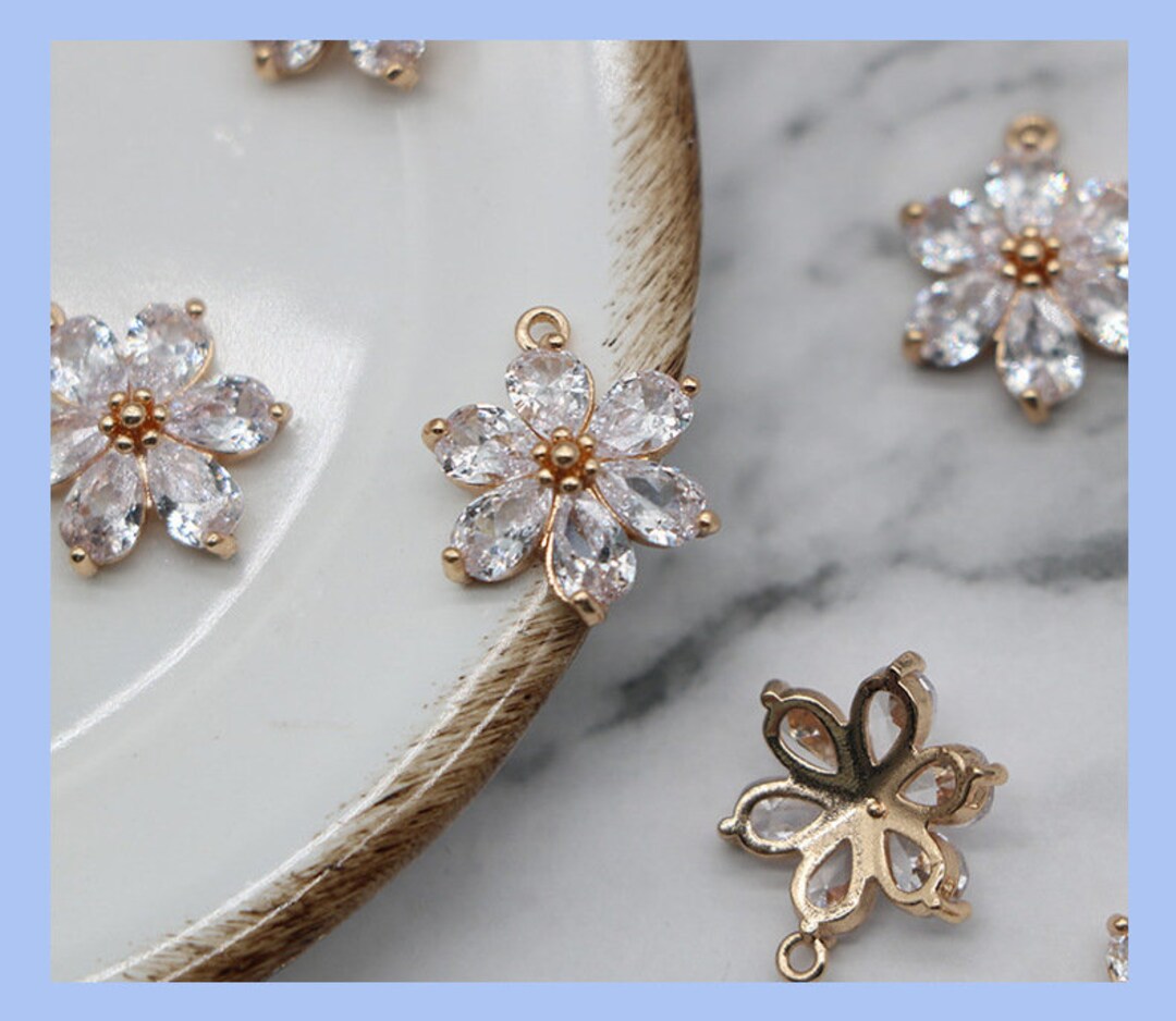 10pcs 12mm 14k Shiny Gold Flower Charms, CZ Pave Pendant, Necklace ...