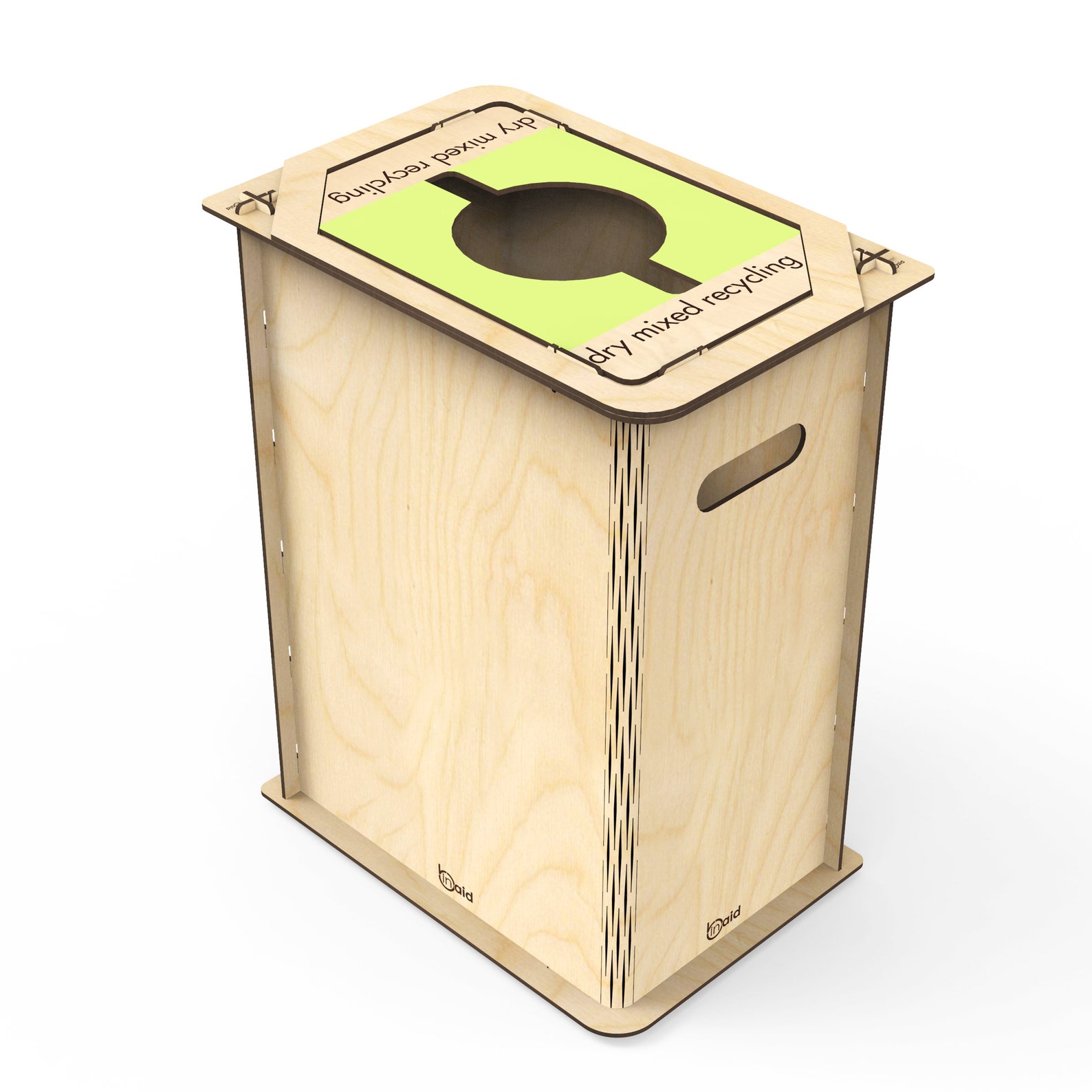 Recycle Bin, Robust Wooden Design With Lime Green Dry Mixed Recycling ...