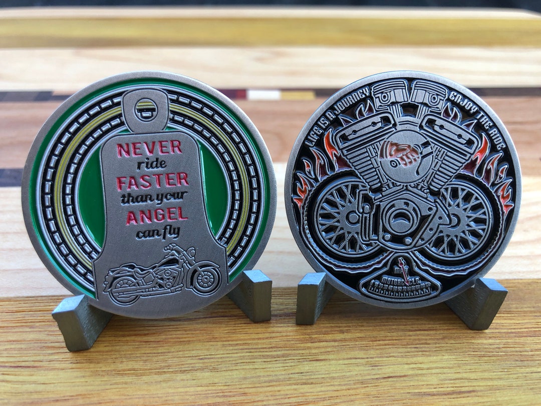 MOTORCYCLE CHALLENGE COIN - Never Ride Faster Than Your Angel Can Fly ...