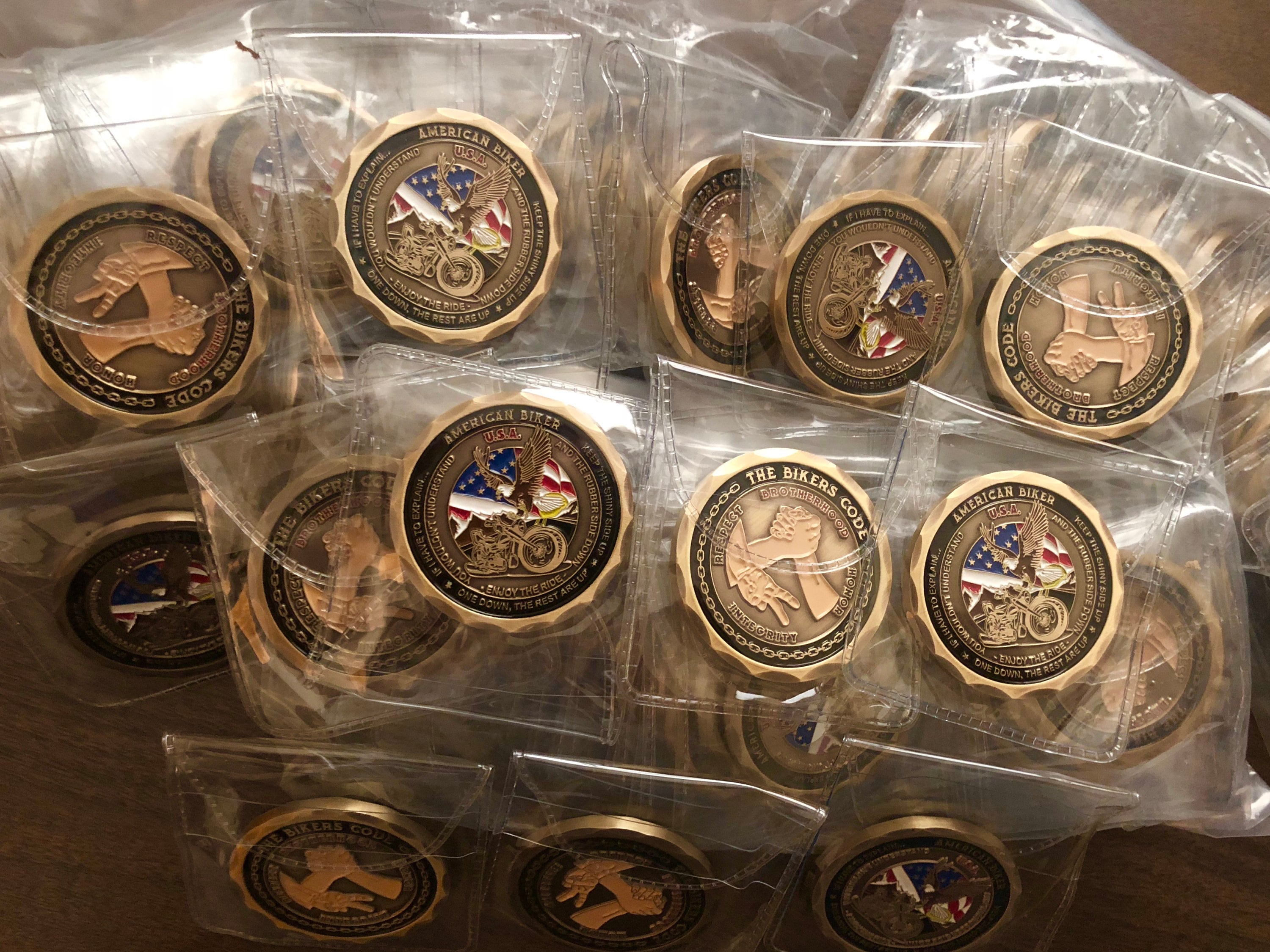 MOTORCYCLE CHALLENGE COIN “the Bikers Code” Brotherhood Honor Respect ...