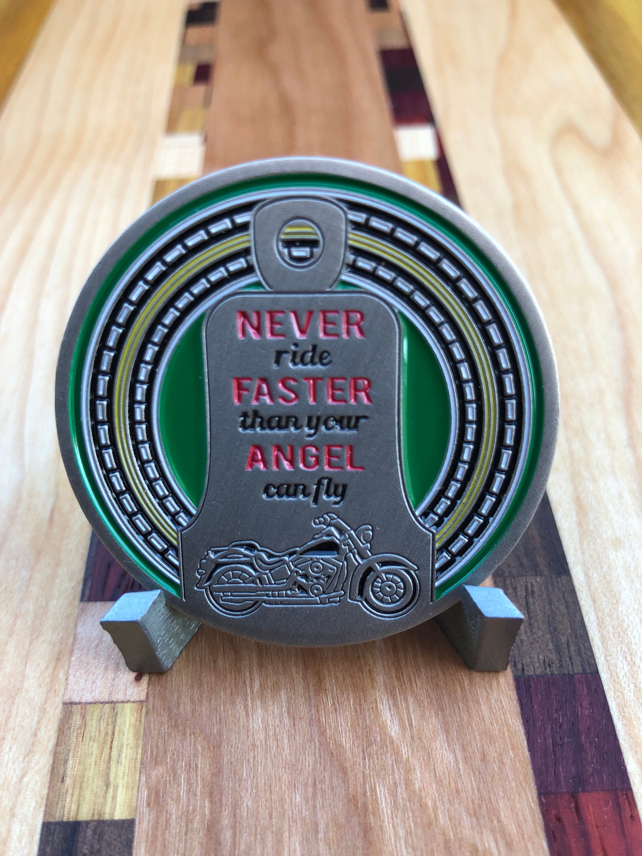 MOTORCYCLE CHALLENGE COIN - Never Ride Faster Than Your Angel Can Fly ...