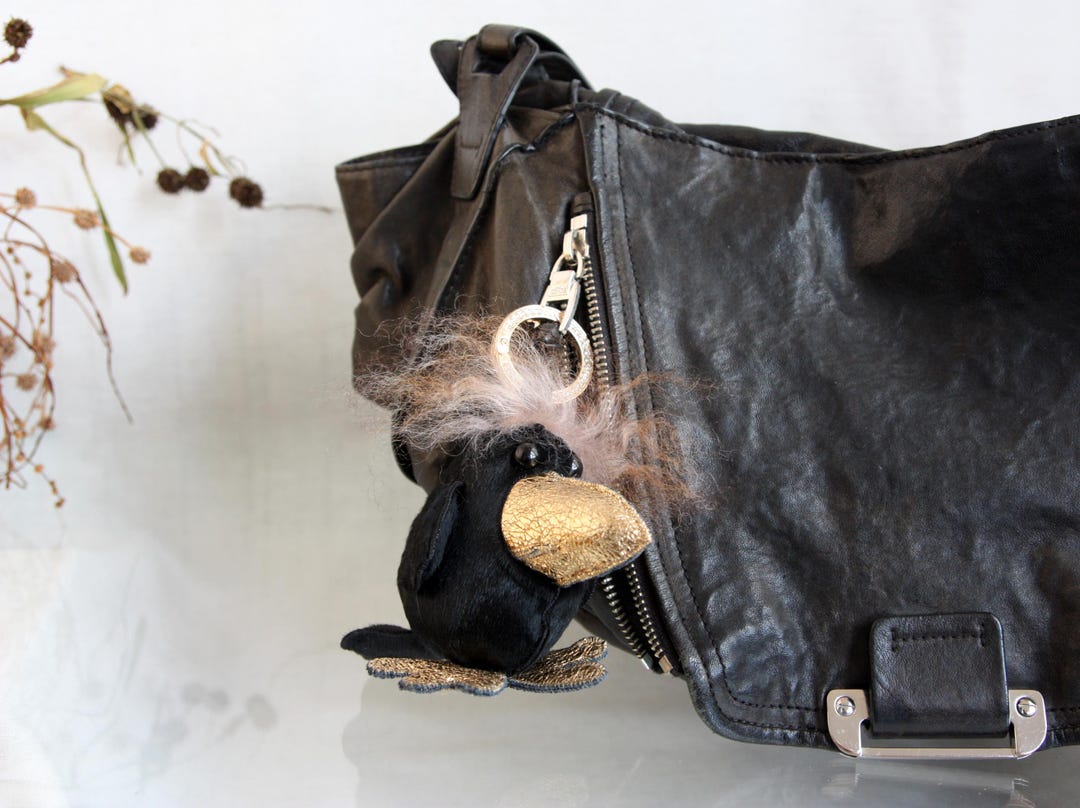 Black Fur Crow Keychain: Golden Beak and Paws Bag Charm - Etsy