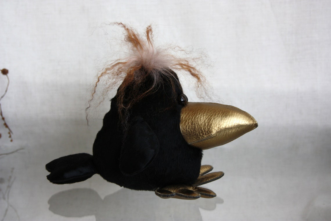 Black fur crow with golden beak and paws interior toy | Etsy