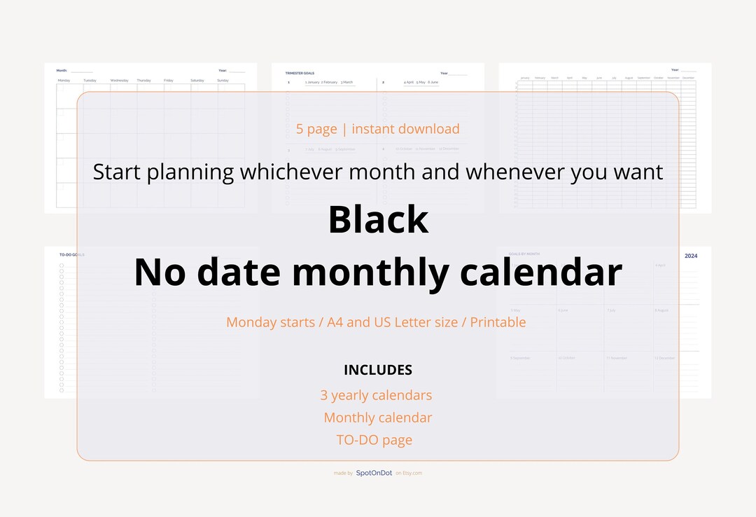 Black Undated Yearly Calendar, Monthly Calendar, Monthly Planner, to Do ...