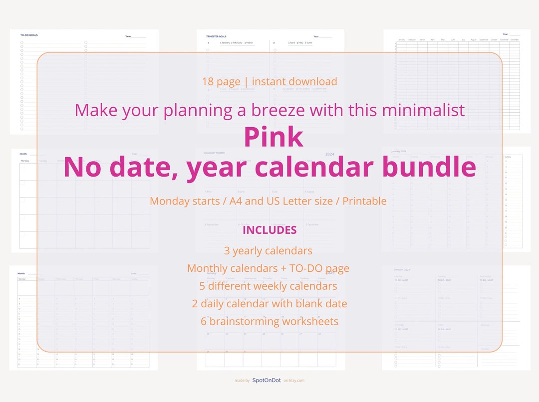 Pink Undated Yearly Calendar Bundle, Monthly Planner, Weekly Planner ...