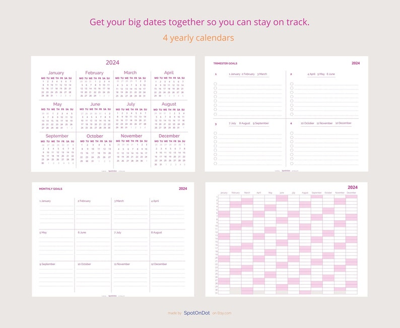 Pink 2024 Year Printable Calendar Bundle, Monthly Calendar, Weekly ...