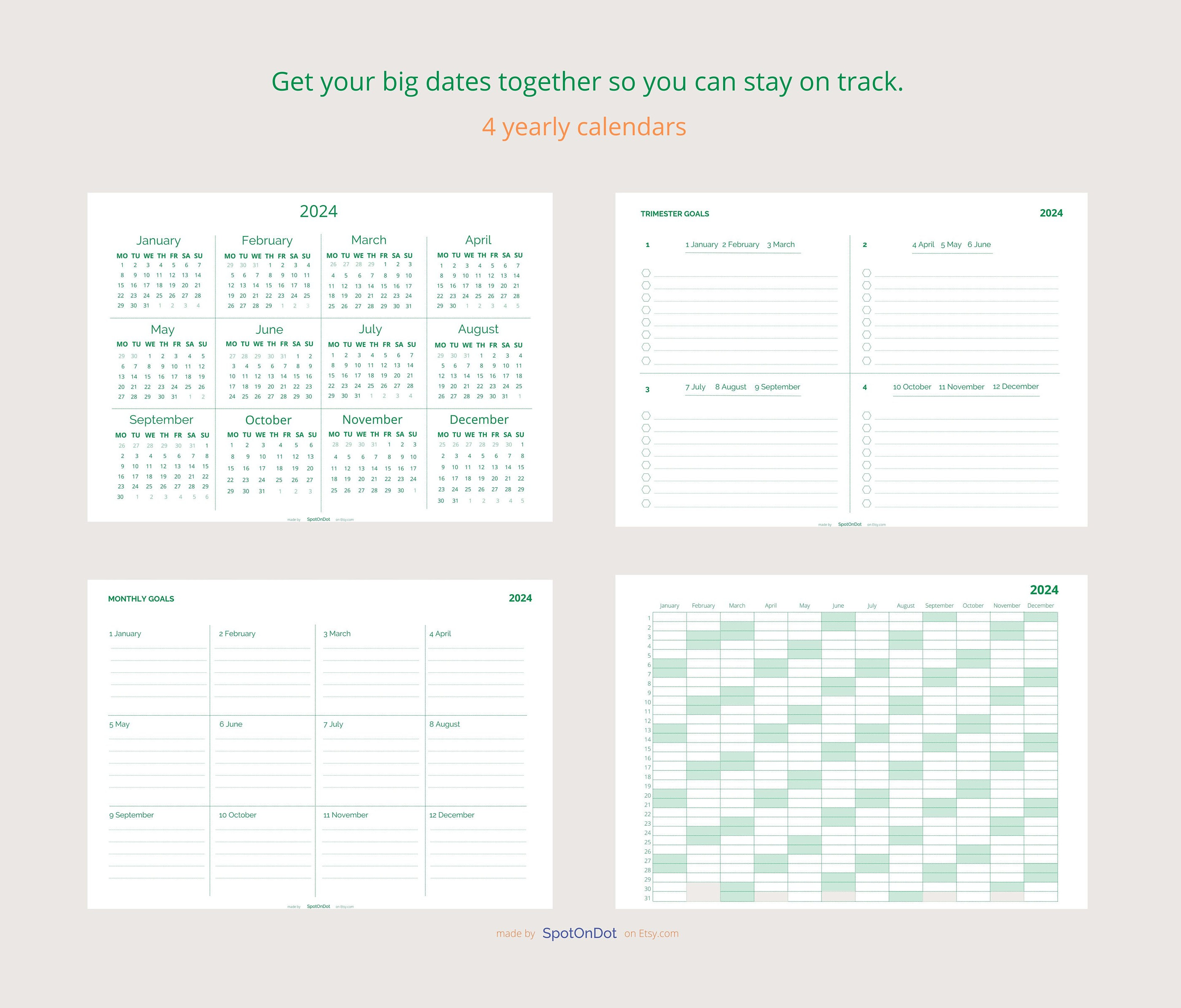 Green 2024 Year Printable Calendar Bundle, Monthly Cal, Weekly Planner ...