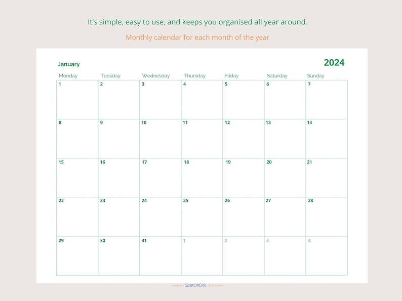 Green 2024 Year Printable Calendar Bundle, Monthly Cal, Weekly Planner ...