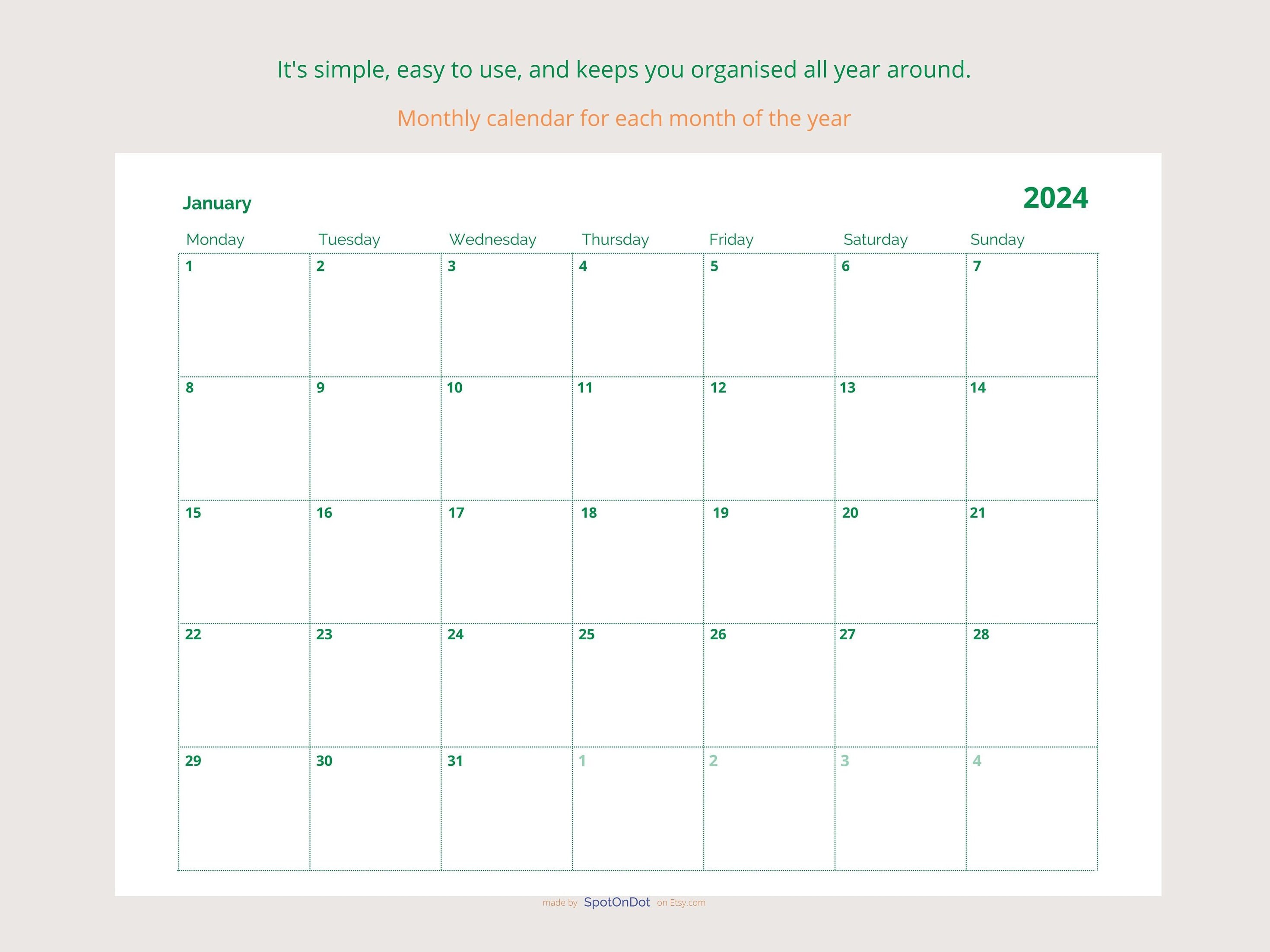 Green 2024 Year Printable Calendar Bundle, Monthly Cal, Weekly Planner ...