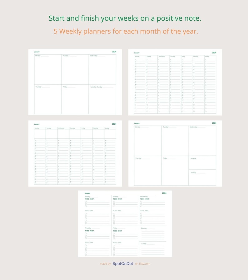Green 2024 Year Printable Calendar Bundle, Monthly Cal, Weekly Planner ...
