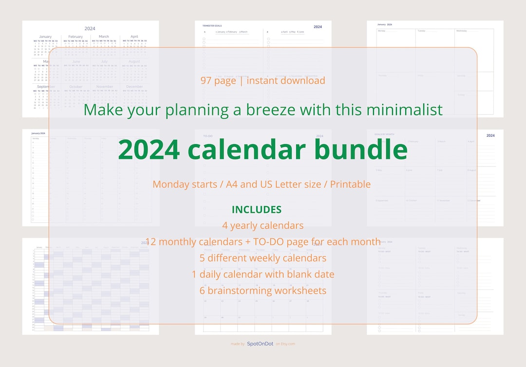 Green 2024 Year Printable Calendar Bundle, Monthly Cal, Weekly Planner ...