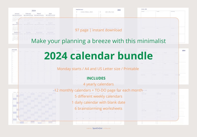 Green 2024 Year Printable Calendar Bundle, Monthly Cal, Weekly Planner ...