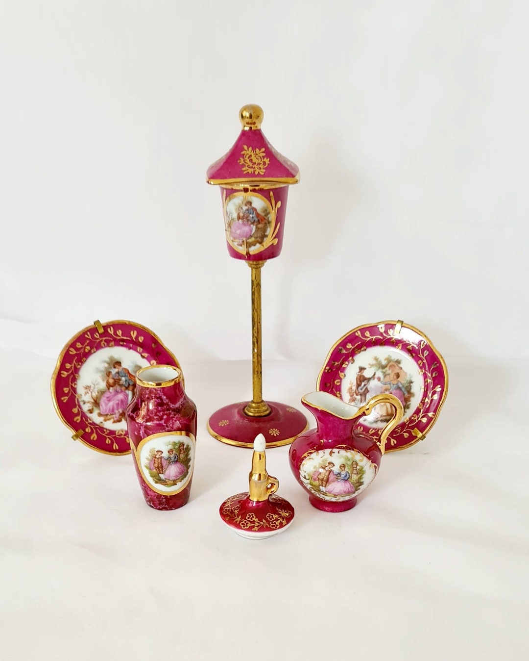 Vintage Limoge Porcelain Miniature Set, Limoges Miniature Lamp Stand ...