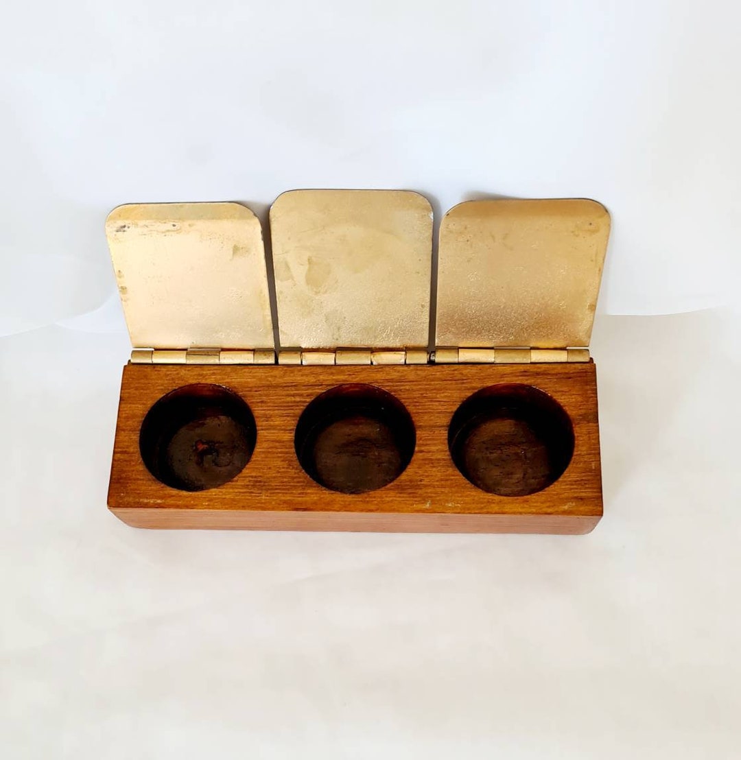 Vintage/antique Wooden Inkwell Holder With Gold Tone Lids, Collectable ...