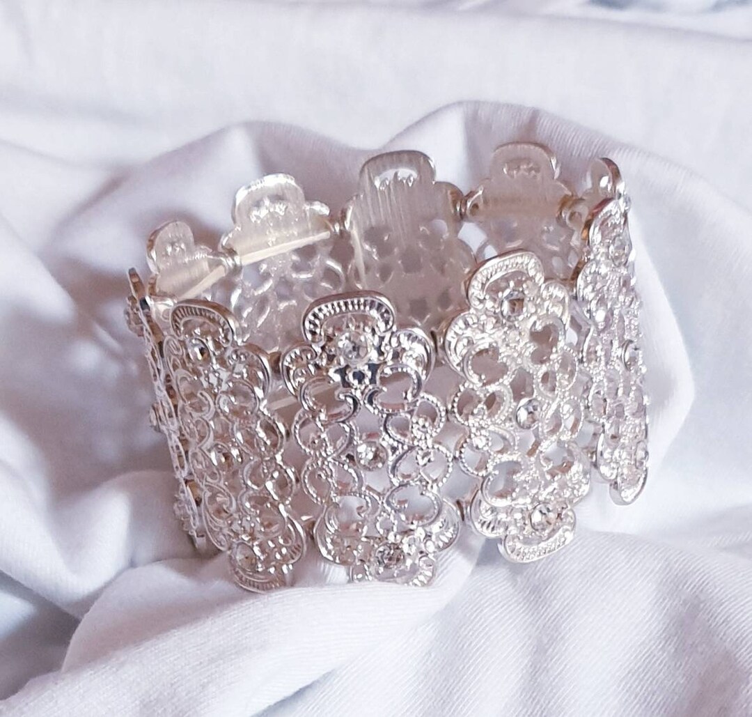 Vintage Silver Tone Bracelet, Wedding Bracelet, Stretch Bracelet, Prom ...