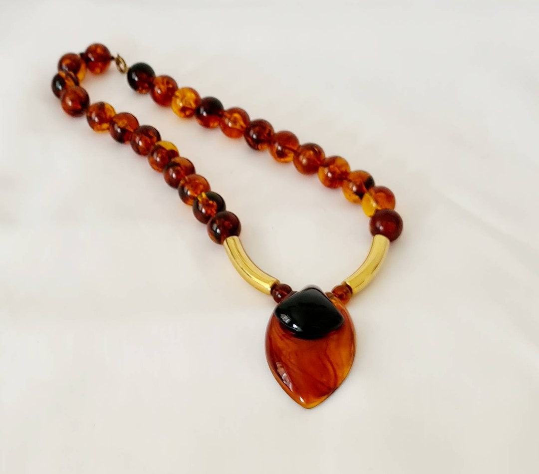 Vintage Hollow Celluloid Necklace, Bohemian Bead Necklace, Burnt Orange ...