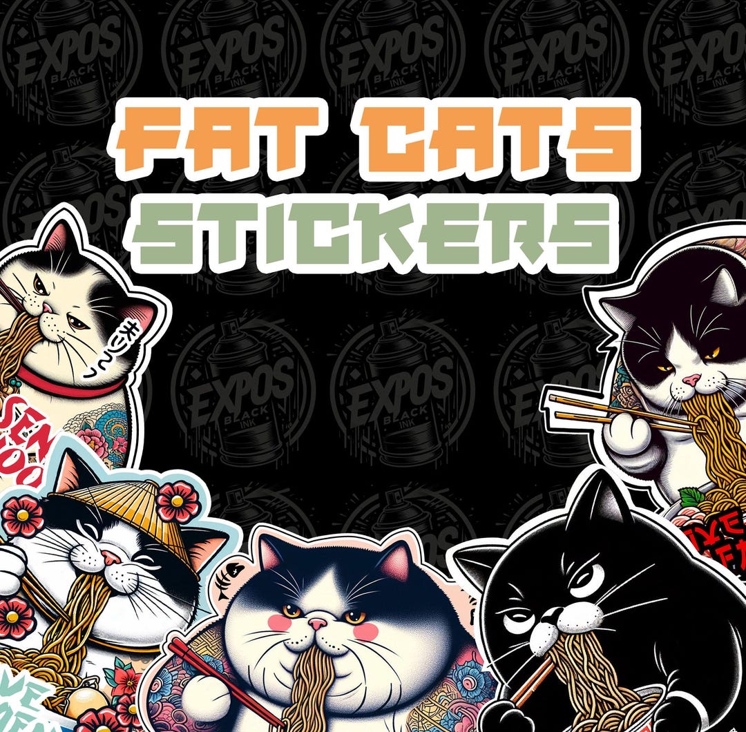 Fat Cat Sticker Set - (5 Count) - Waterproof - Tattooed Cats Eating ...