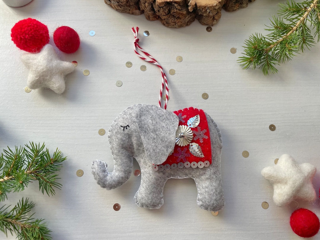 Handmade Felt Elephant Christmas Ornament - Embroidered, Sequined ...