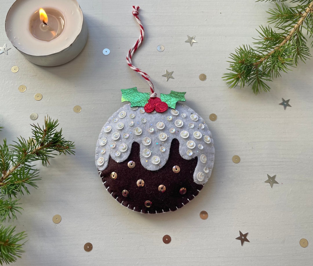 Handmade Felt Christmas Pudding Decoration: Metallic Holly Bauble - Etsy UK