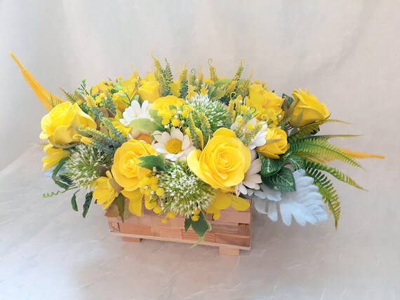 Yellow flower centerpiece Roses and daisies arrangement | Etsy