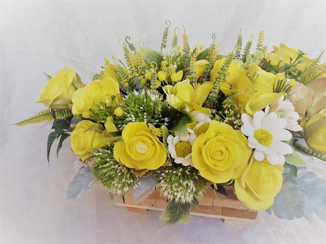 Yellow flower centerpiece Roses and daisies arrangement | Etsy