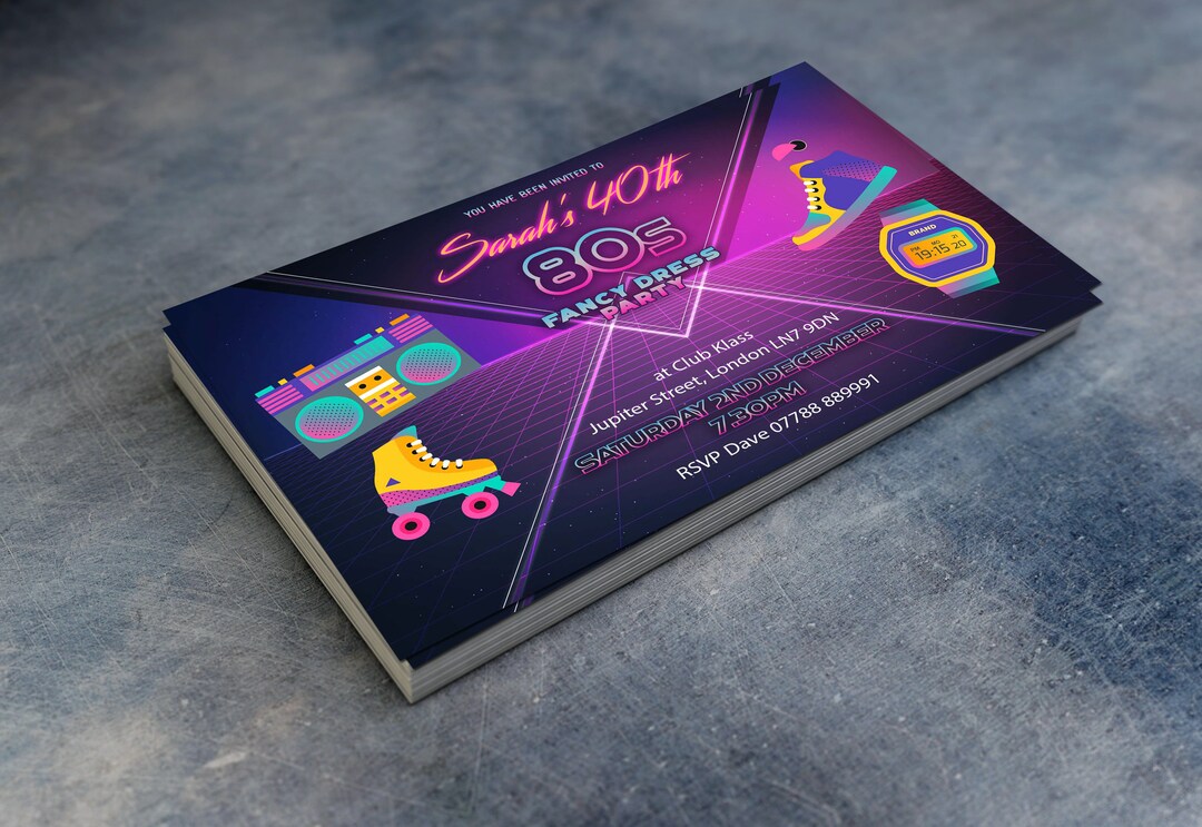 80s Fancy Dress Party Invitations & Envelopes Personalised Party Prints ...