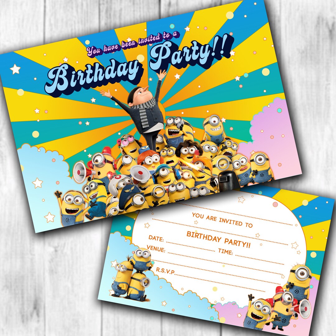 Minions Rise of Gru Party Invitations - Write on - Printed Double Sided ...