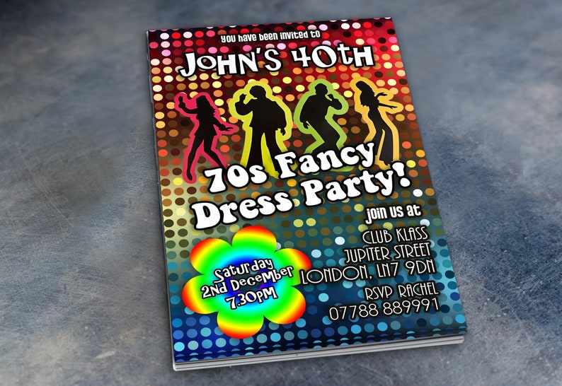 70s Fancy Dress Party Invitations & Envelopes Personalised Party Prints ...